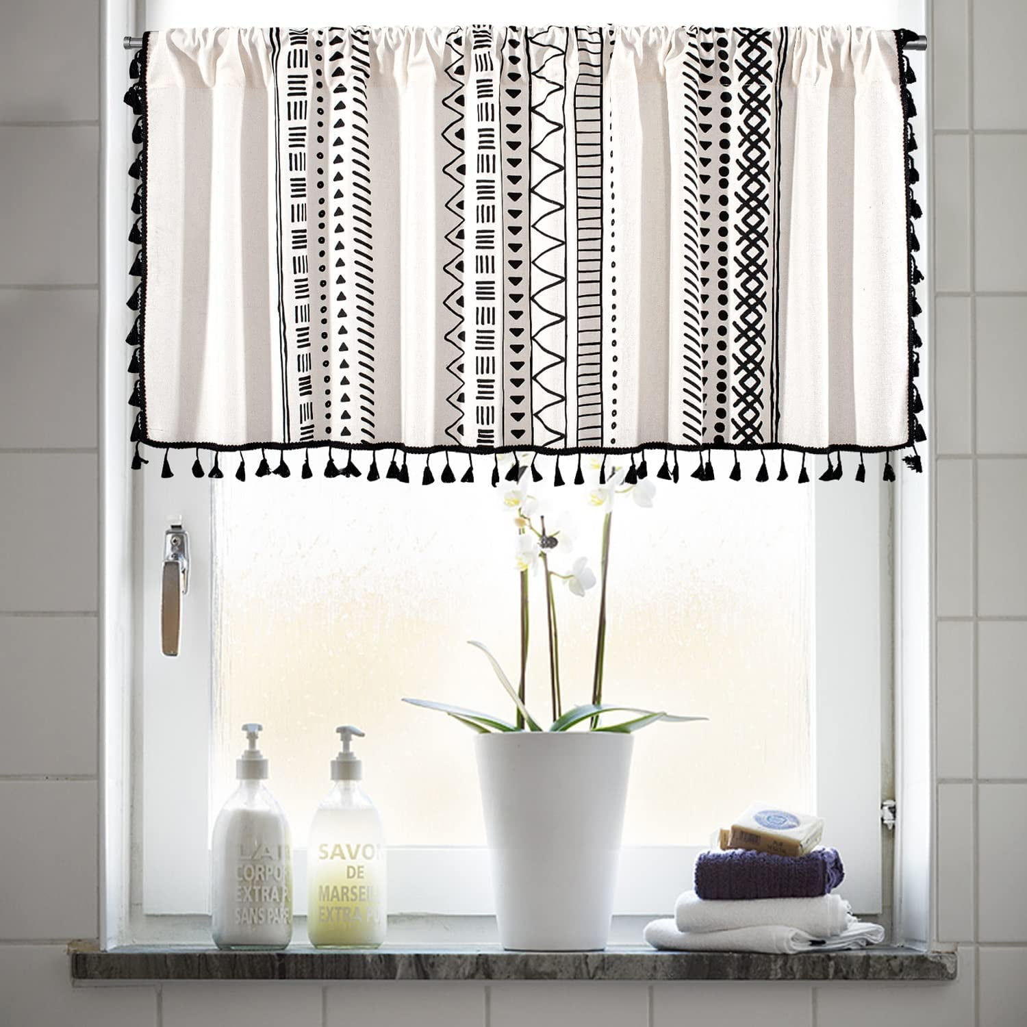ZHIMEI-Cotton Linen Boho Curtains with Tassels Black and Ivory Striped ...