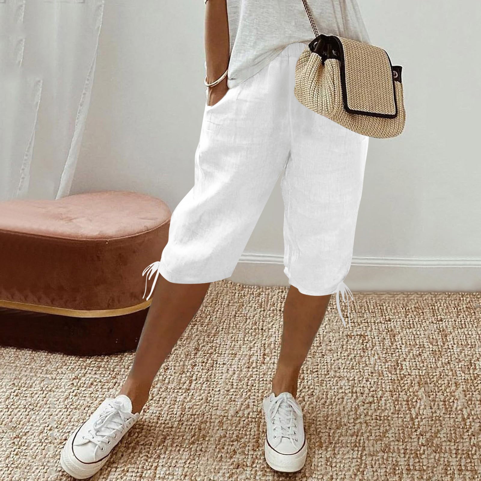 Cotton Linen Capri Pants Women，Plus Size Wide Leg Capris Linen Pants ...