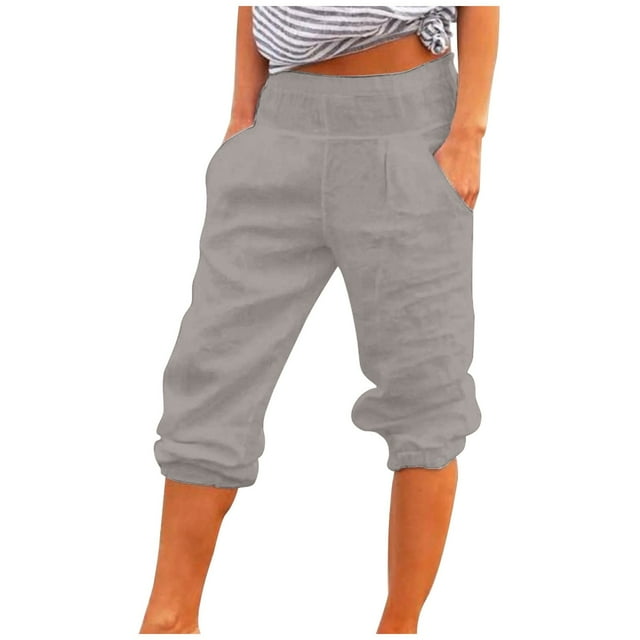 Cotton Linen Capri Pants For Women Loose Cropped Capris Joggers Pants