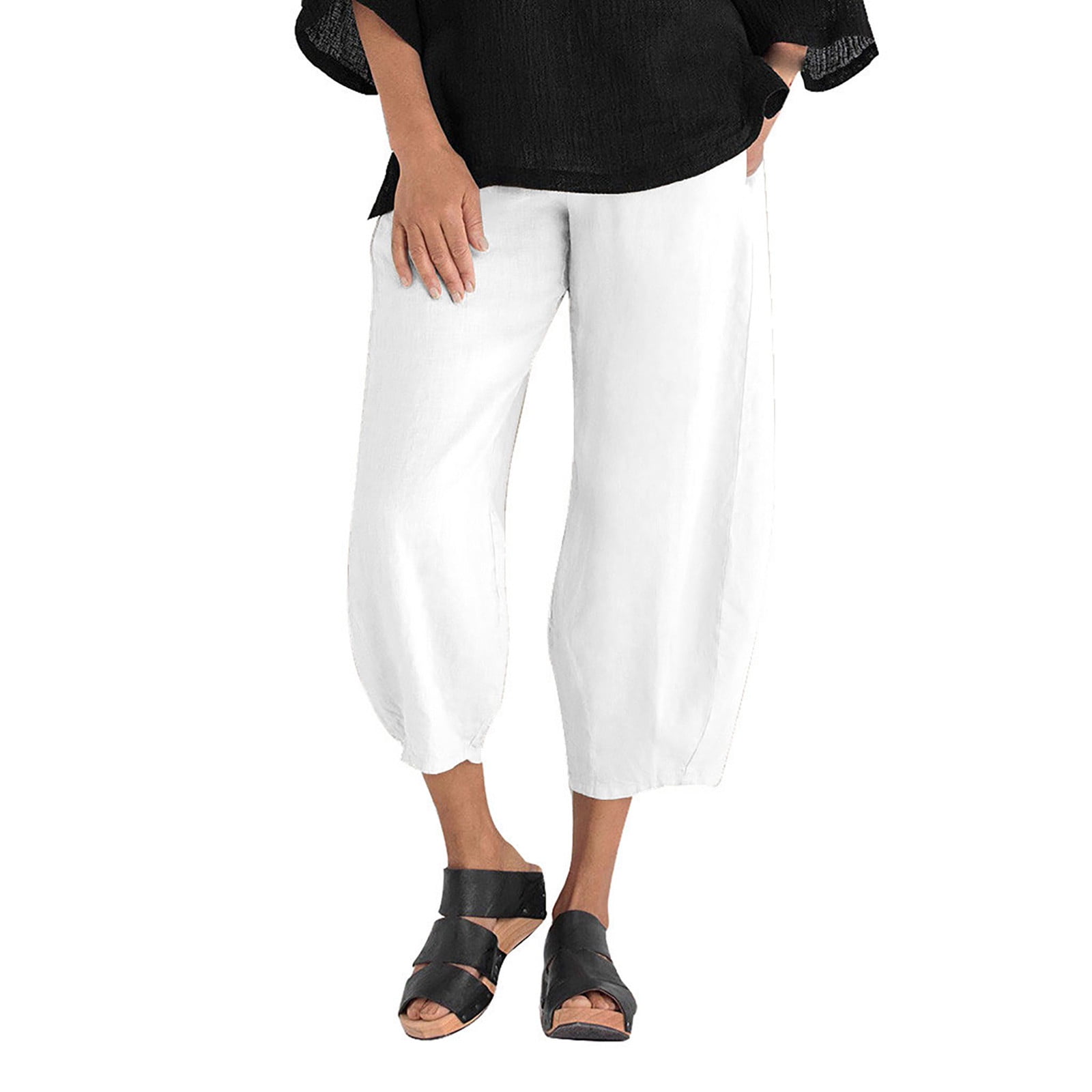 Cotton Linen Capri Pants for Women Summer Casual Solid Cropped Leg ...