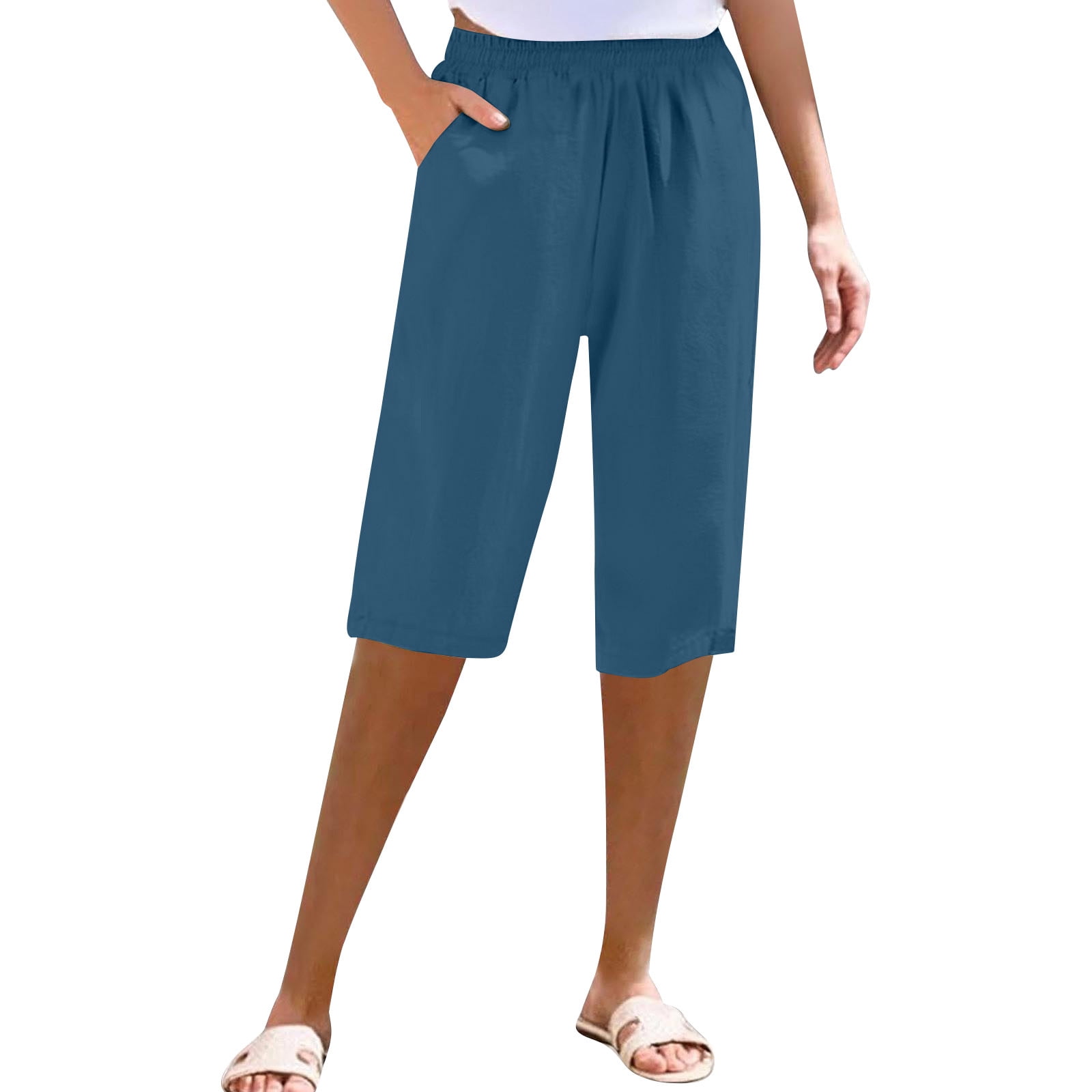 Cotton Linen Capri pants for Women High Waist Loose Bermuda Capris with ...