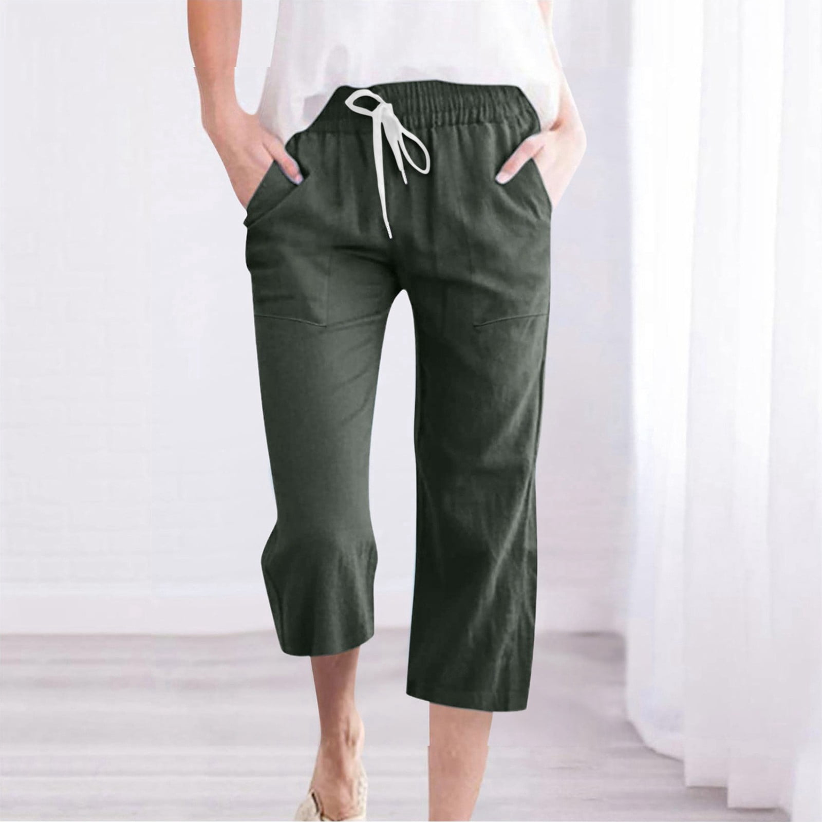 Cotton Linen Capris Pants for Women- Casual Solid with Pockets Cotton ...