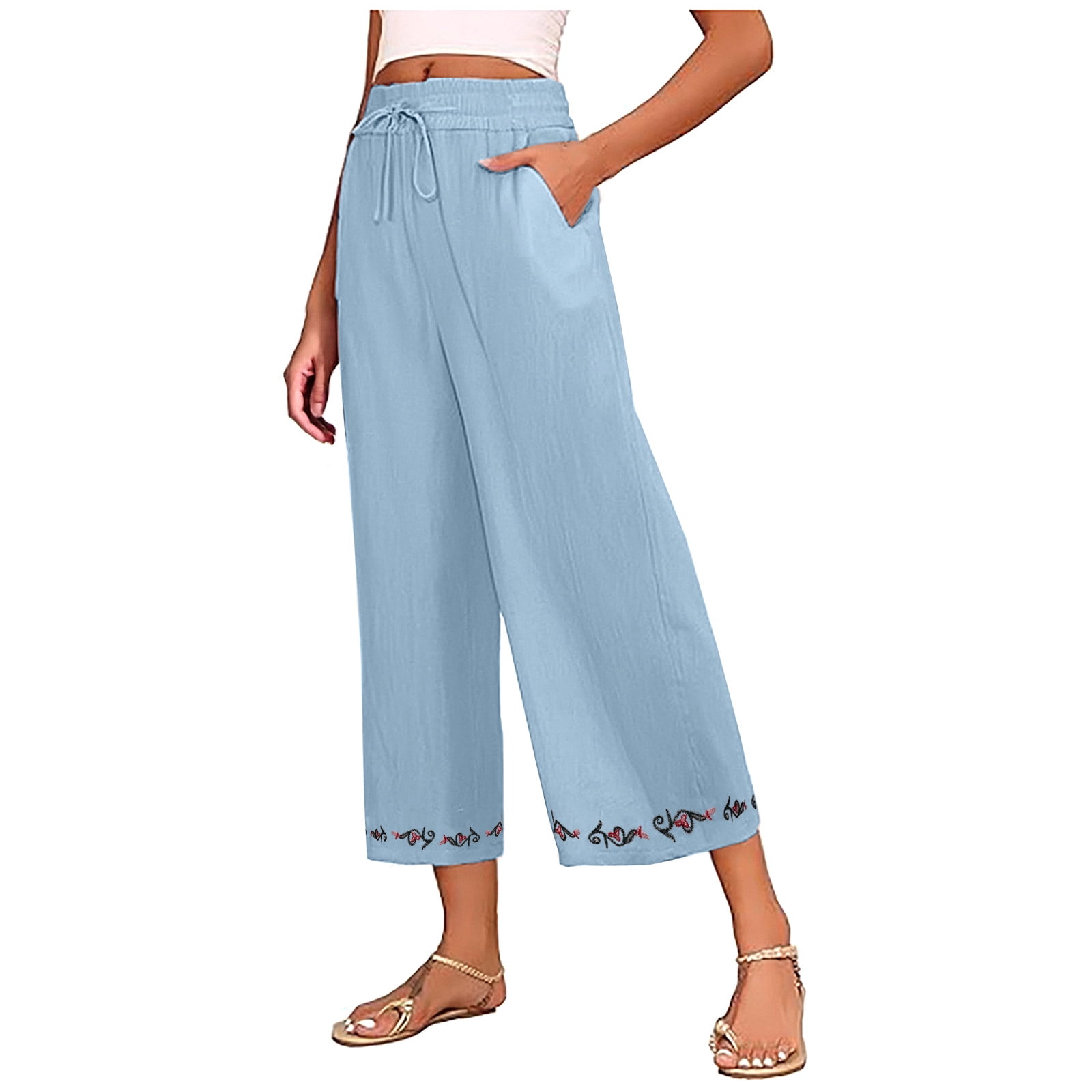 Cotton Linen Capris Pants Women, Elastic Waist Vintage Floral ...