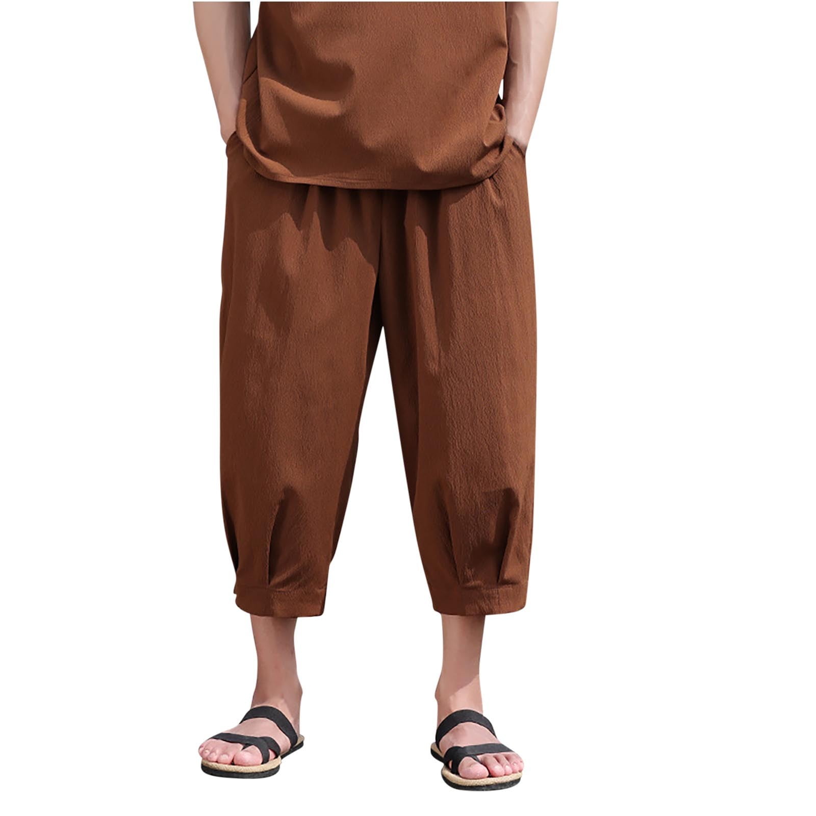 Cotton Linen Capris for Men Casual Summer Solid Color Capri Pants with ...