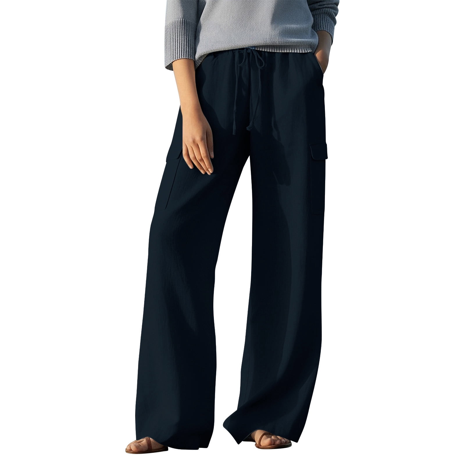 Cotton Linen Cargo Pants for Womens Baggy Stretchy Wide Leg Palazzo ...