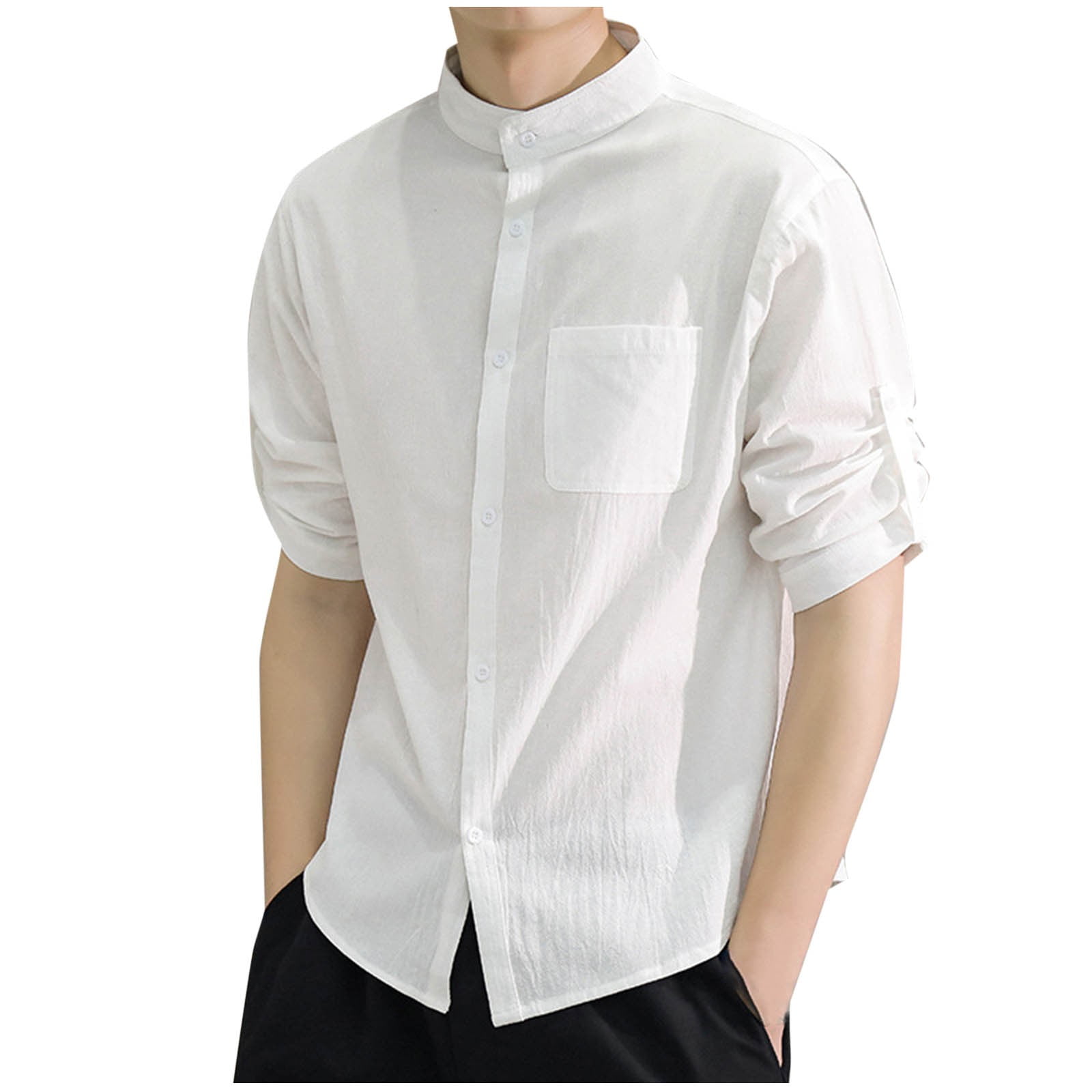 Cotton Linen Comfy Shirts for Men Button Down Short Sleeve Collar Slim ...