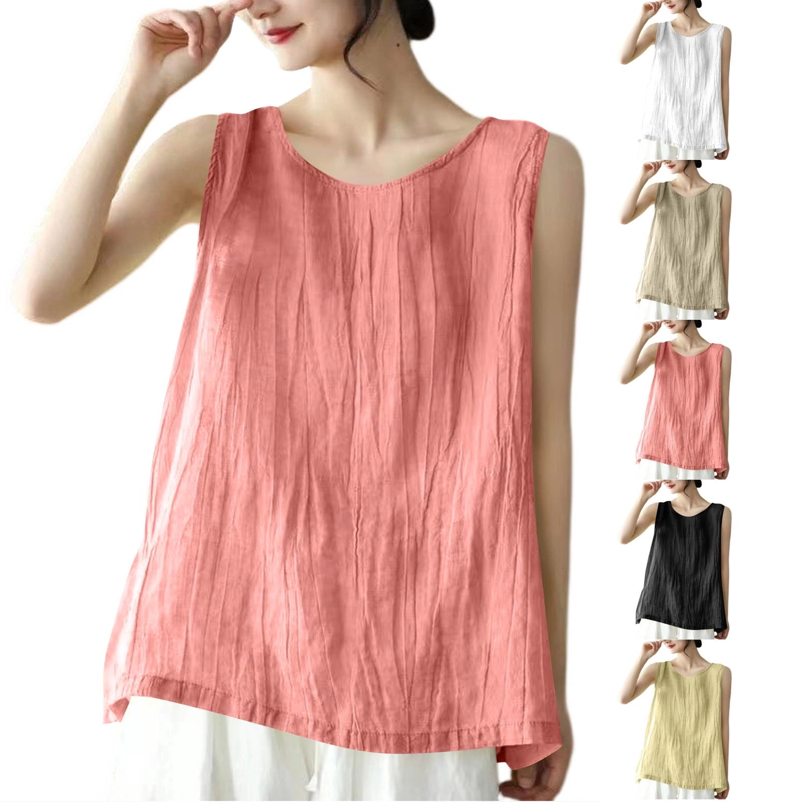 Cotton Linen Crewneck Tank Tops for Women Loose Casual Sleeveless ...