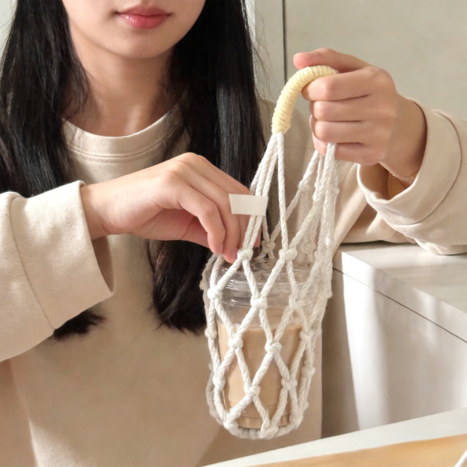 Cotton-Linen Cup Sleeve – Reusable Insulated Net Bag for Coffee, Milk ...