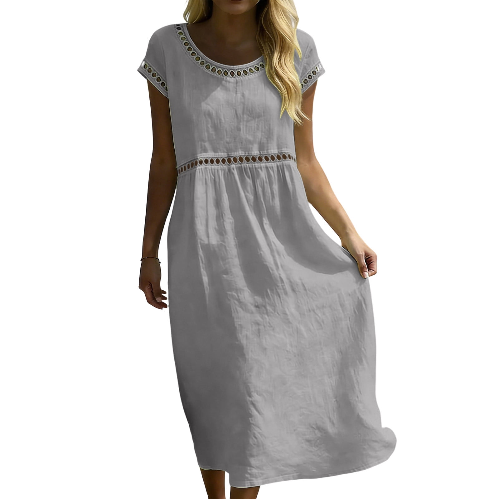 Cotton Linen Dress for Women A line Crochet Trim Long Dress Cotton ...