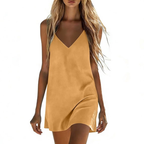 Cotton Linen Dress for Women Spaghetti Strap V Neck Sleeveless Sundress ...
