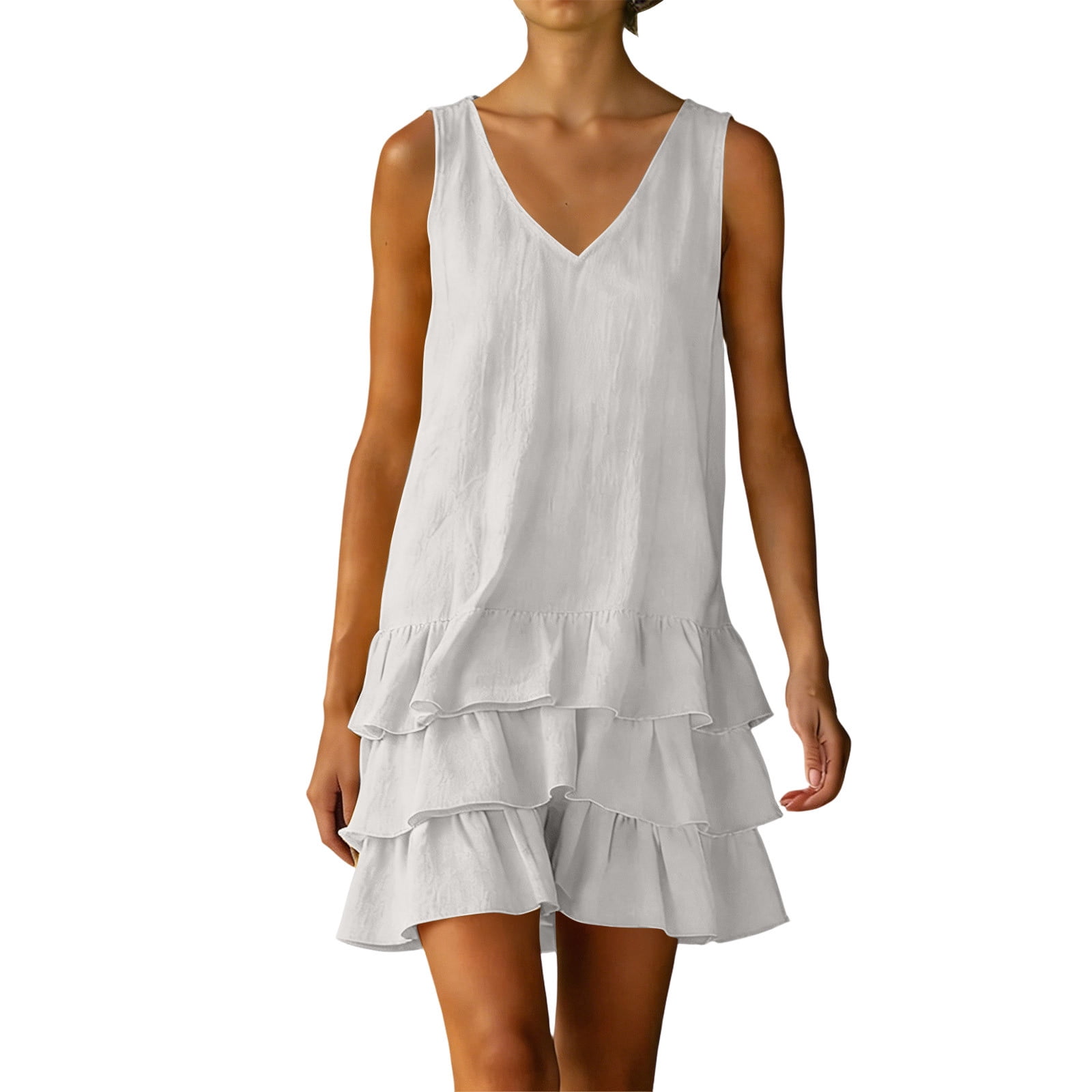 Cotton Linen Dress for Women Spring Summer Sleeveless V Neck Ruffle Hem ...
