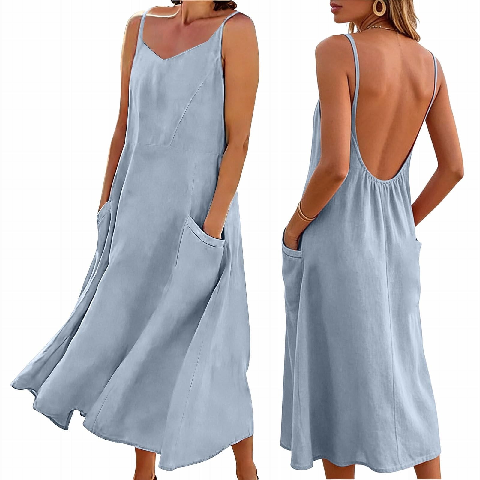 Cotton Linen Dresses for Women 2026 Backless Cami House Lounge Dress ...