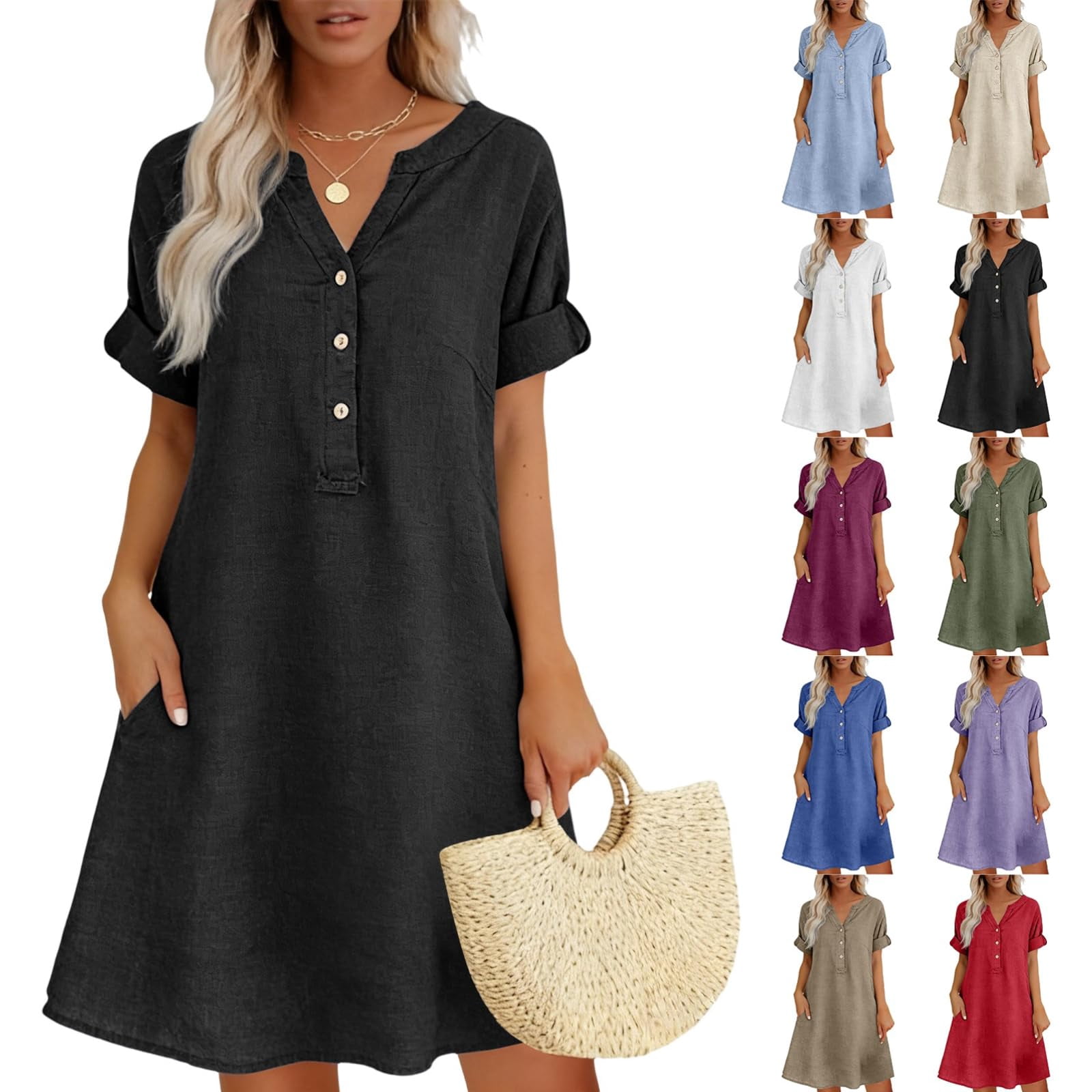 Cotton Linen Dresses for Women 2026 House Lounge Short Sleeve V Neck ...