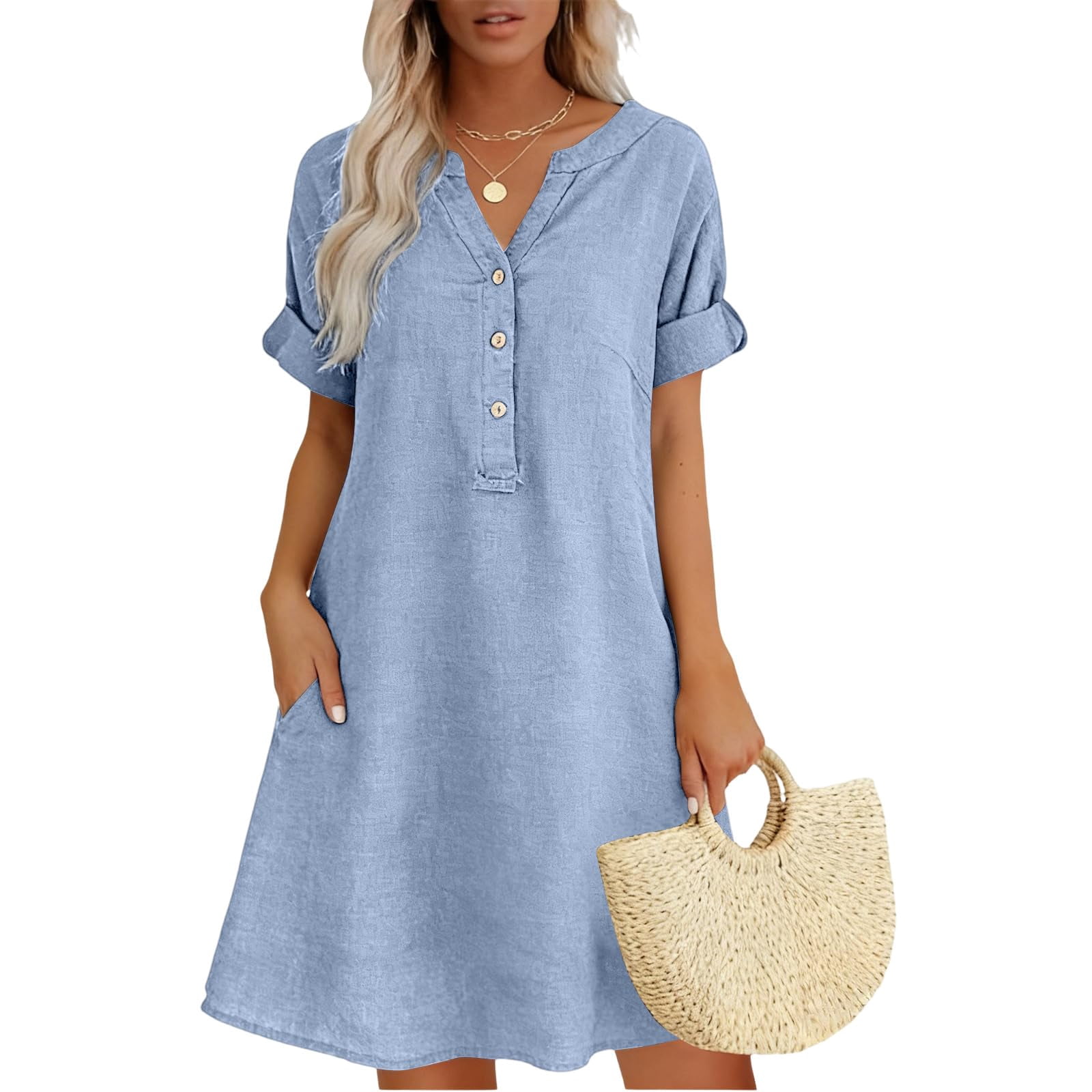Cotton Linen Dresses for Women 2026 House Lounge Short Sleeve V Neck ...