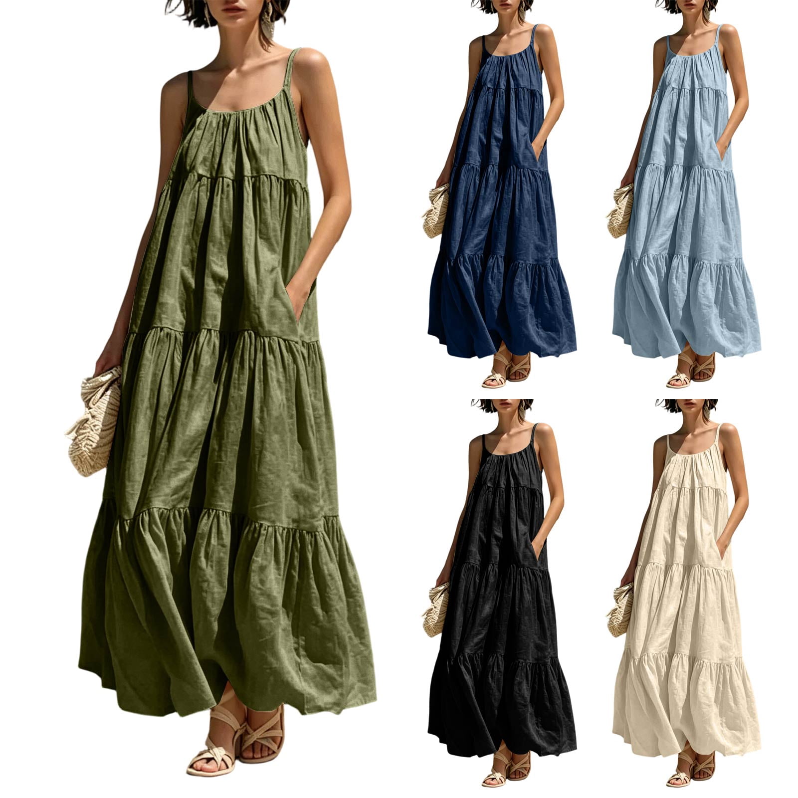 Cotton Linen Dresses for Women Sleeveless Spaghetti Strap Tiered Long ...