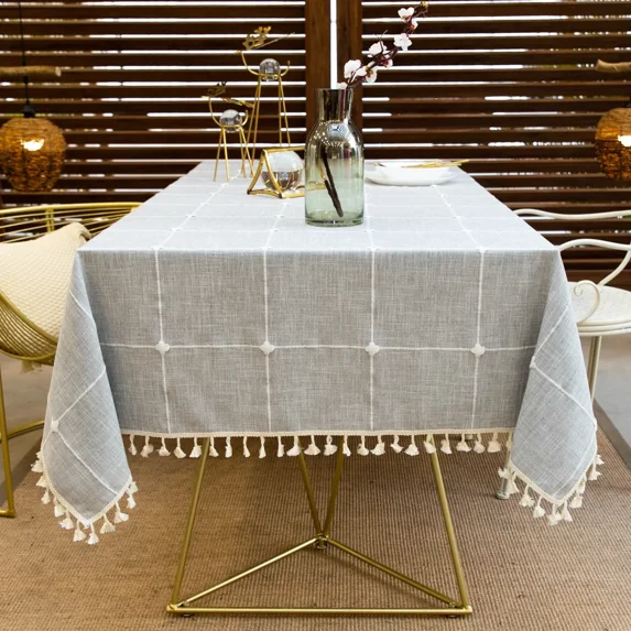 Cotton Linen Embroidery Tassel Tablecloth,Grey Large Square Dust-Proof ...