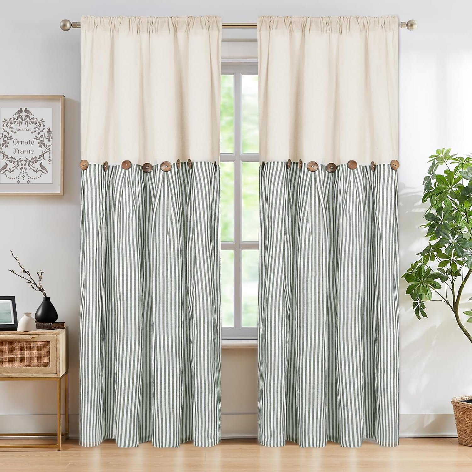 Cotton Linen Farmhouse Curtains Boho Rustic Button Curtain, Linen ...