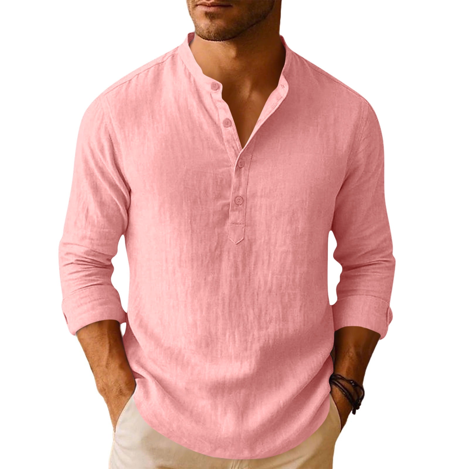 Cotton Linen Henley T-Shirt for Men Long Sleeve Stand Collar Hippie ...