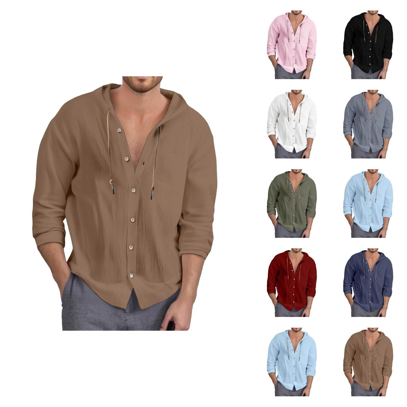 Cotton Linen Hooded Shirts for Men Long Sleeve Lightweight Button Down ...