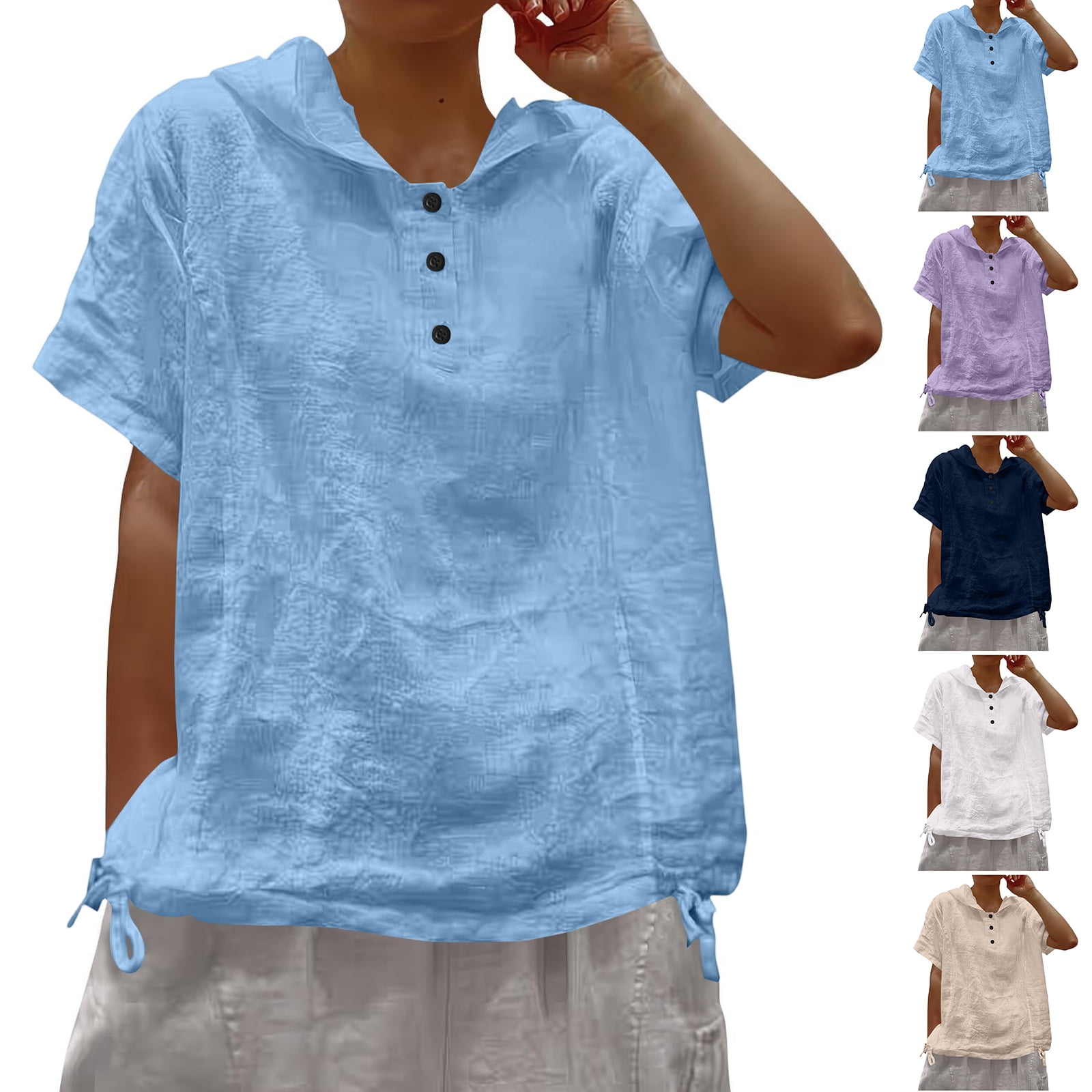 Cotton Linen Hoodies for Women Short Sleeve Button Down Shirts Casual ...