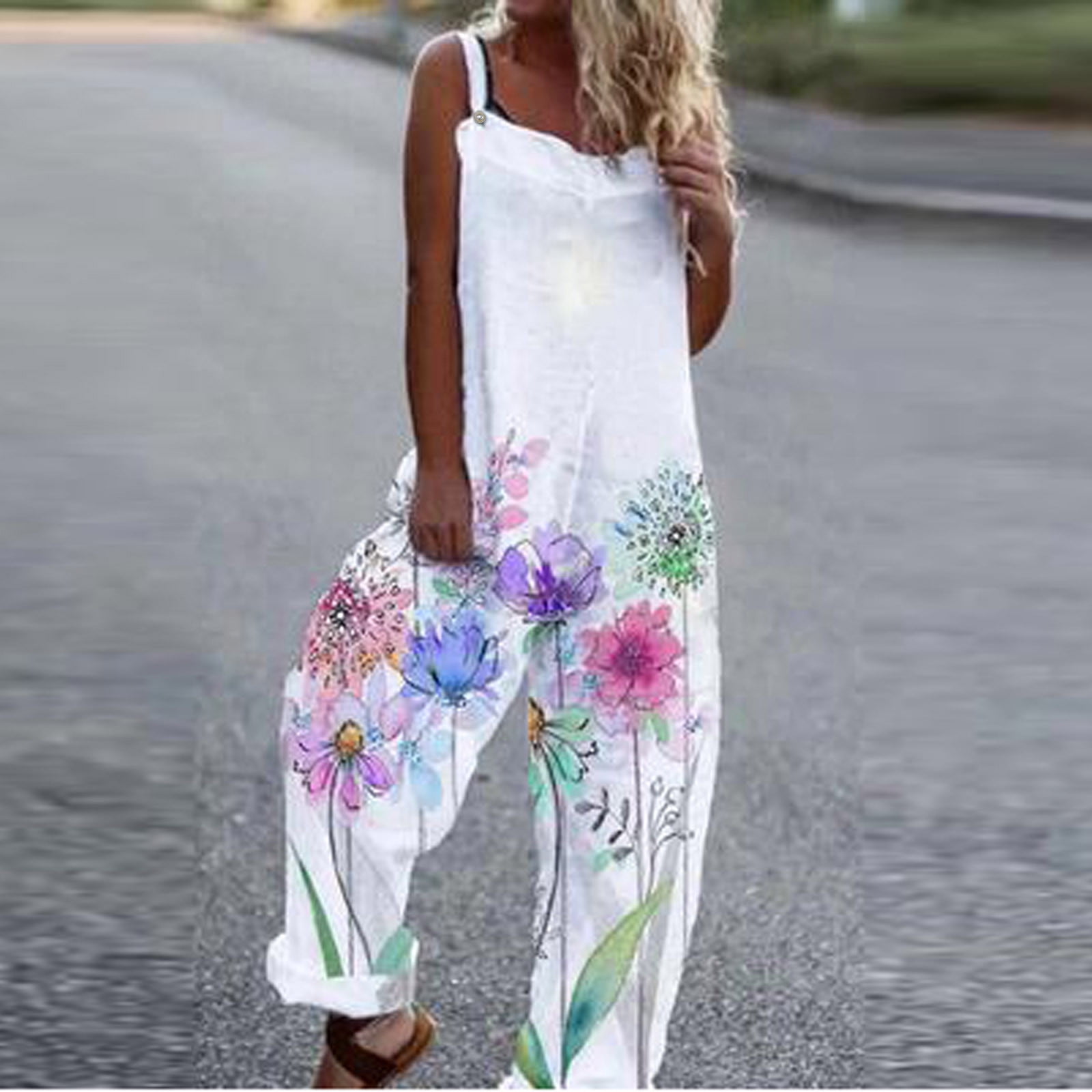 Cotton Linen Jumpsuits White/Tie Dye Adjustable Straps Romper Baggy ...