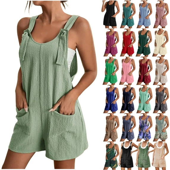 Cotton Linen Jumpsuits for Women Tie Knot Strap Romper Sleeveless Short Pants Wide Leg Jumpsuit ...