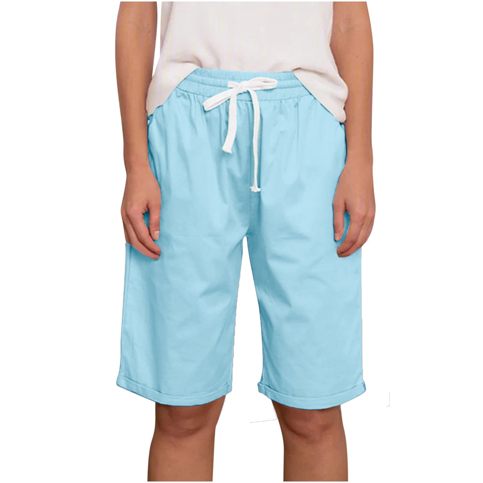 Cotton Linen Long Shorts for Women with Pockets Elastic Waist ...