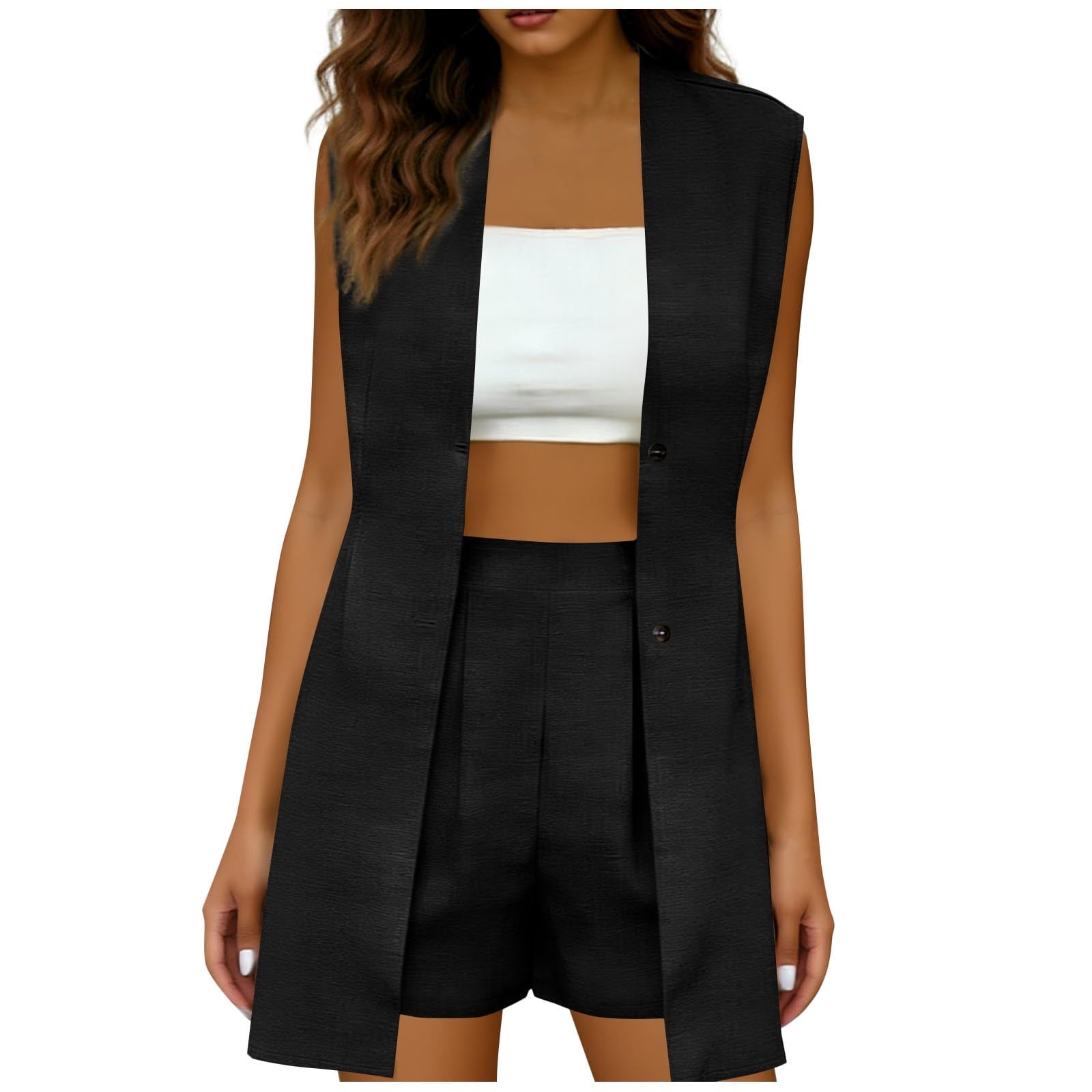 Cotton Linen Lounge Sets for Women - Button Down Sleeveless Blazers ...