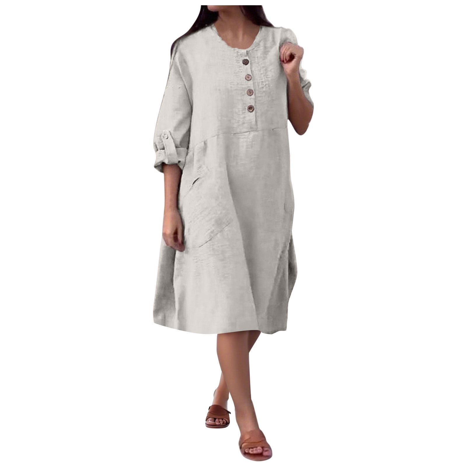 Cotton Linen Maxi Dress for Women Long Sleeve Button Down Kaftan ...
