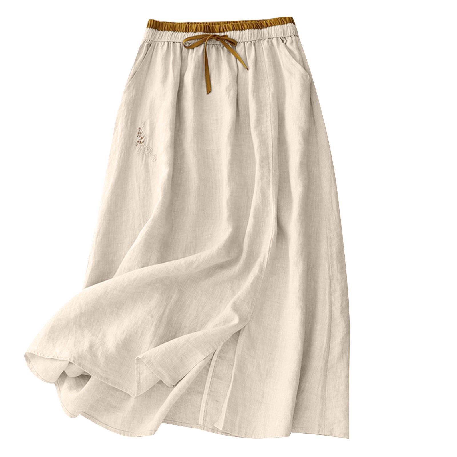Cotton Linen Maxi Skirts for Women with Pockets Drawstring Long Skirt ...