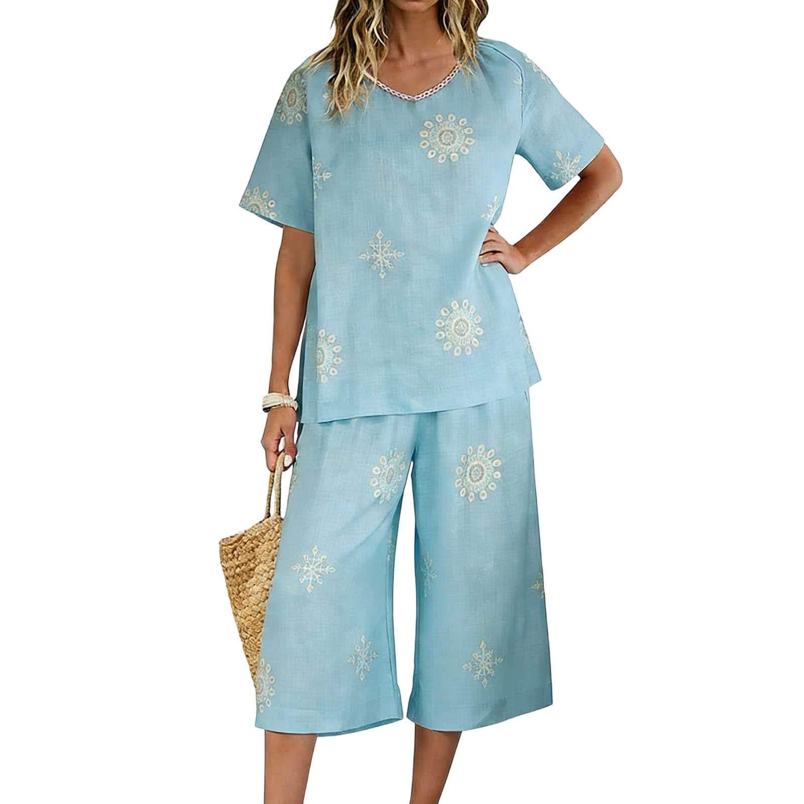 Cotton Linen Outfits Women Bohemian 2 Piece Capri Pant Sets Short ...