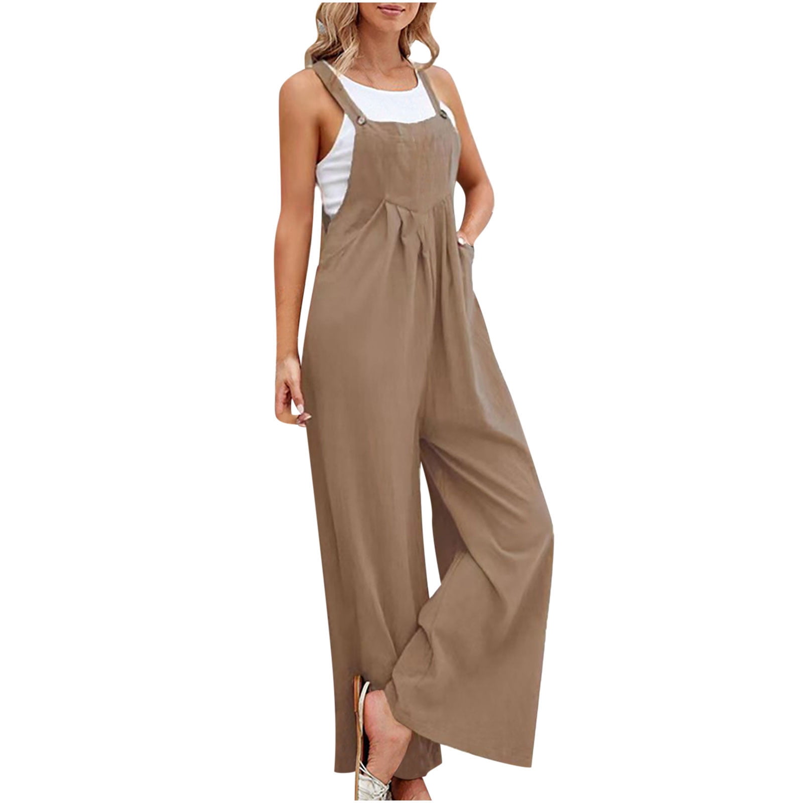 Cotton Linen Overalls For Women Button Wide Leg Bib Pants Casual Baggy ...