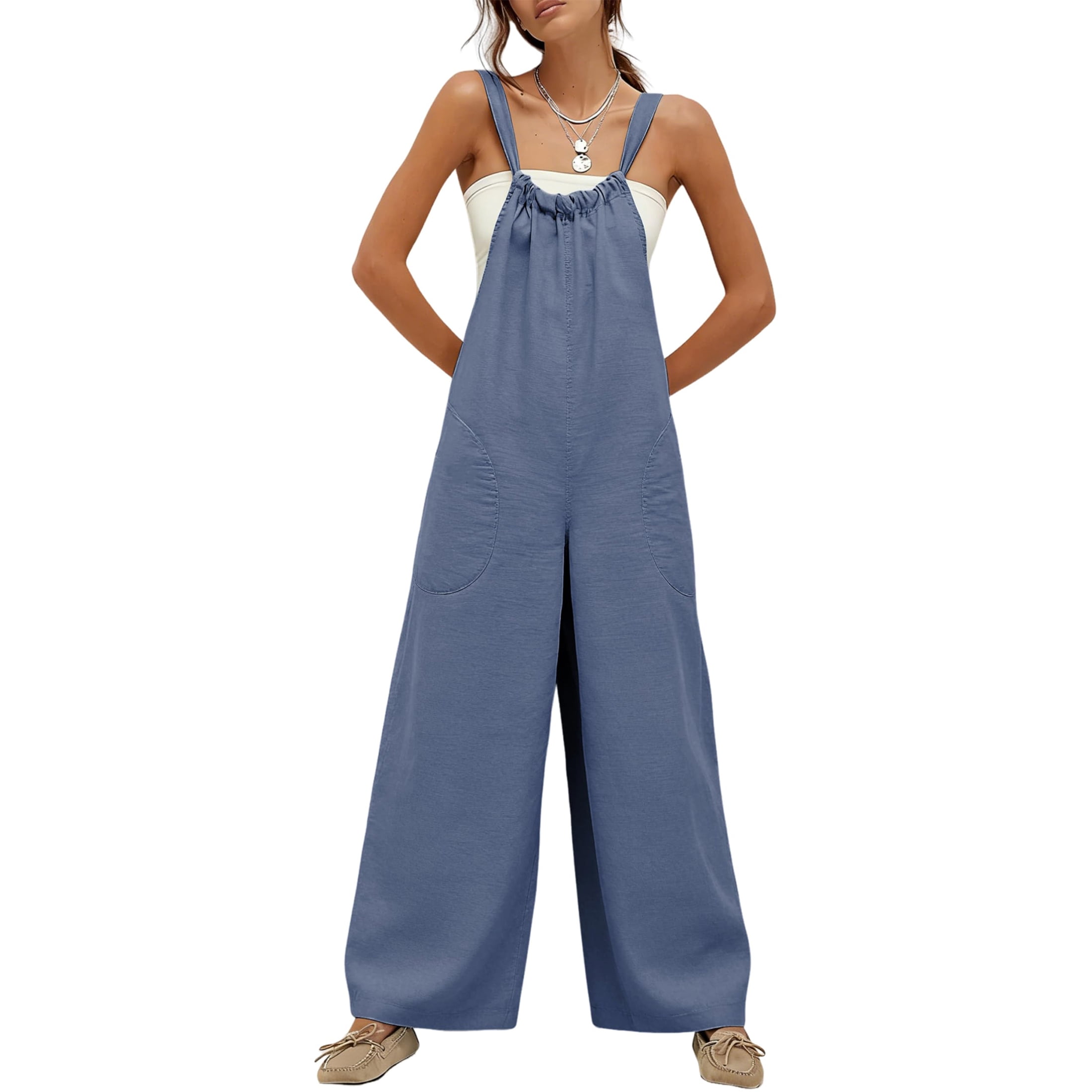 Cotton Linen Overalls for Women Baggy Wide Leg Jumpsuit Loose ...