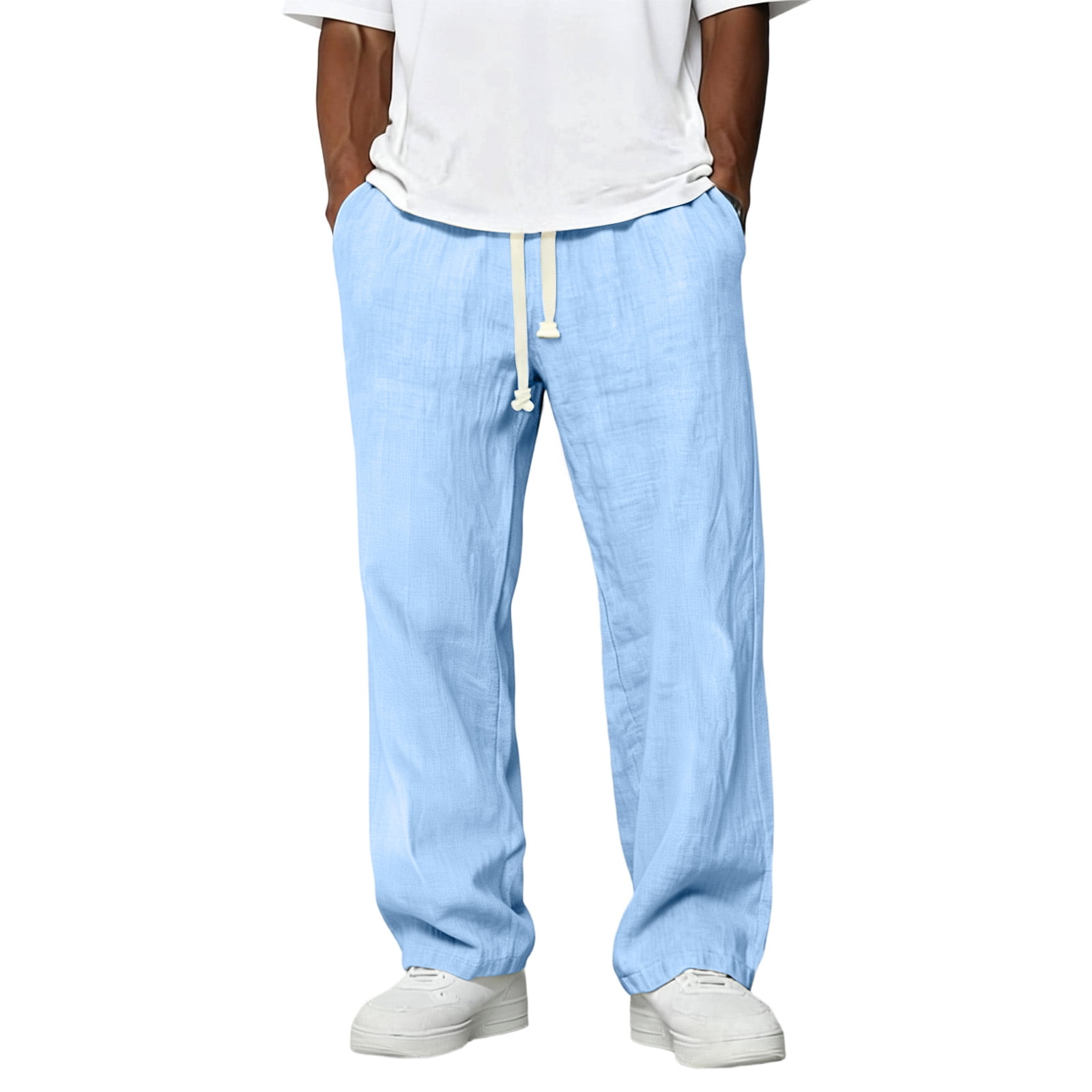 Cotton Linen Pants Men Casual Loose Fit Elastic Waist Lightweight Linen ...