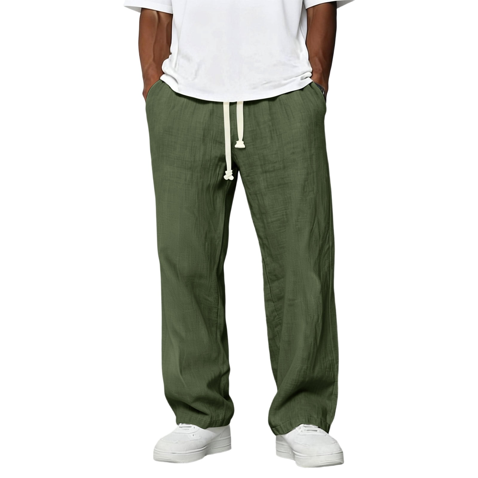 Cotton Linen Pants Men Casual Loose Fit Elastic Waist Lightweight Linen ...