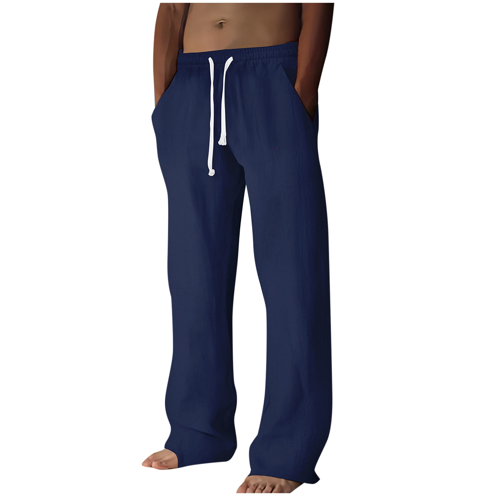 Cotton Linen Pants for Men Straight Leg Beach Pants Drawstring ...