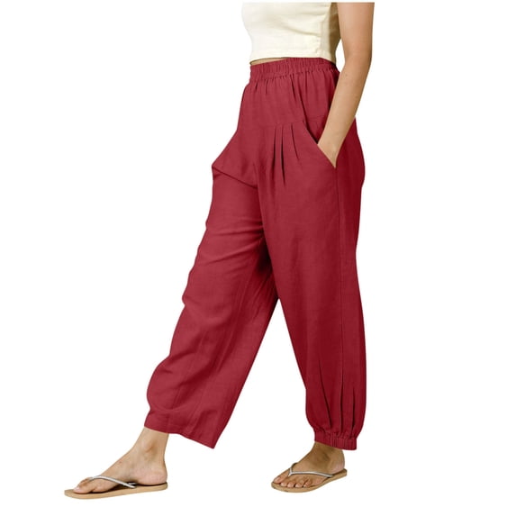Cotton Linen Pants Women High Waisted Elastic Waist Joggers with ...