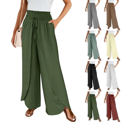 Cotton Linen Pants Women Smocked High Waisted Split Wide Leg Pants ...