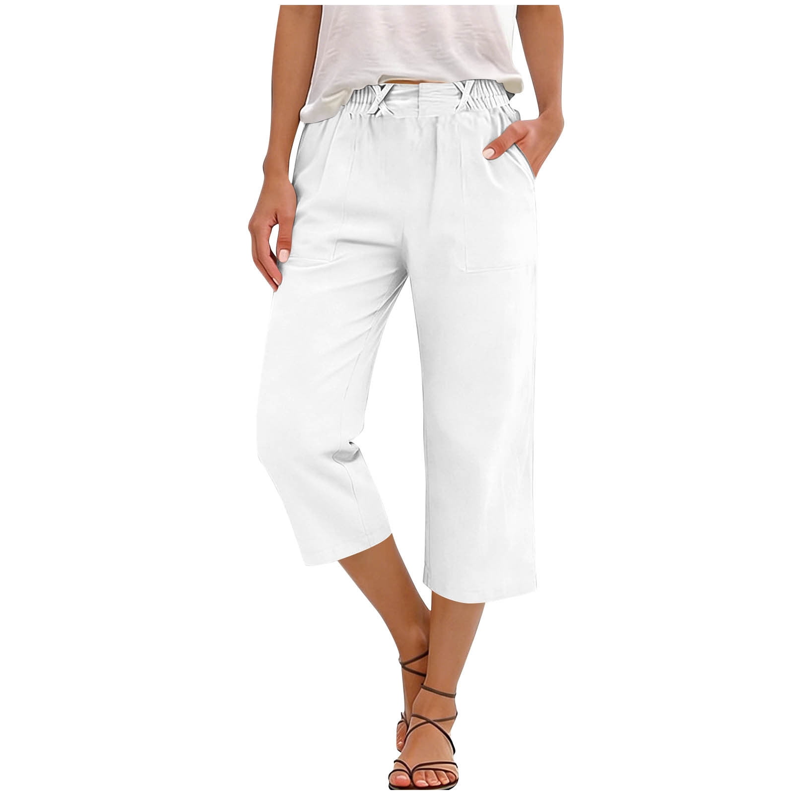 Cotton Linen Pants Women Summer Boho Dressy Casual Straight Leg Capri ...