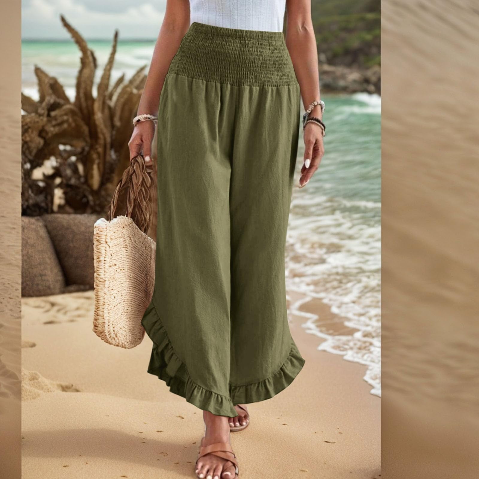 Cotton Linen Pants Women Summer Wide Leg Smocked Waist Ruffle Hem ...