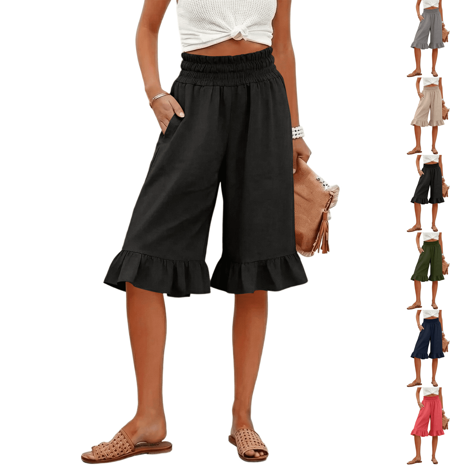 Cotton Linen Pants Women Summer Wide Leg Smocked Waist Ruffle Hem ...