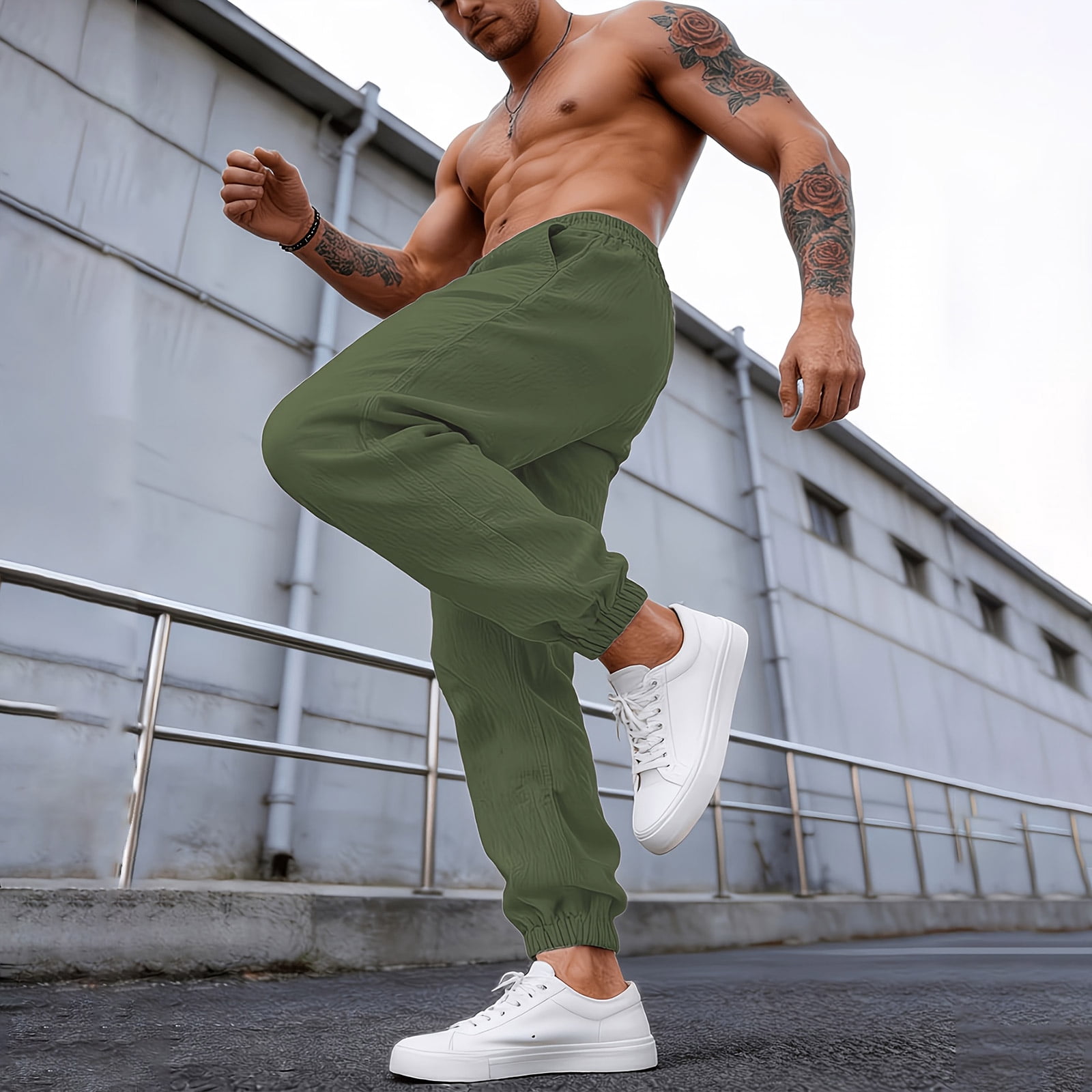 Cotton Linen Pants for Men Elastic Waist Ankle Drawstring Baggy ...