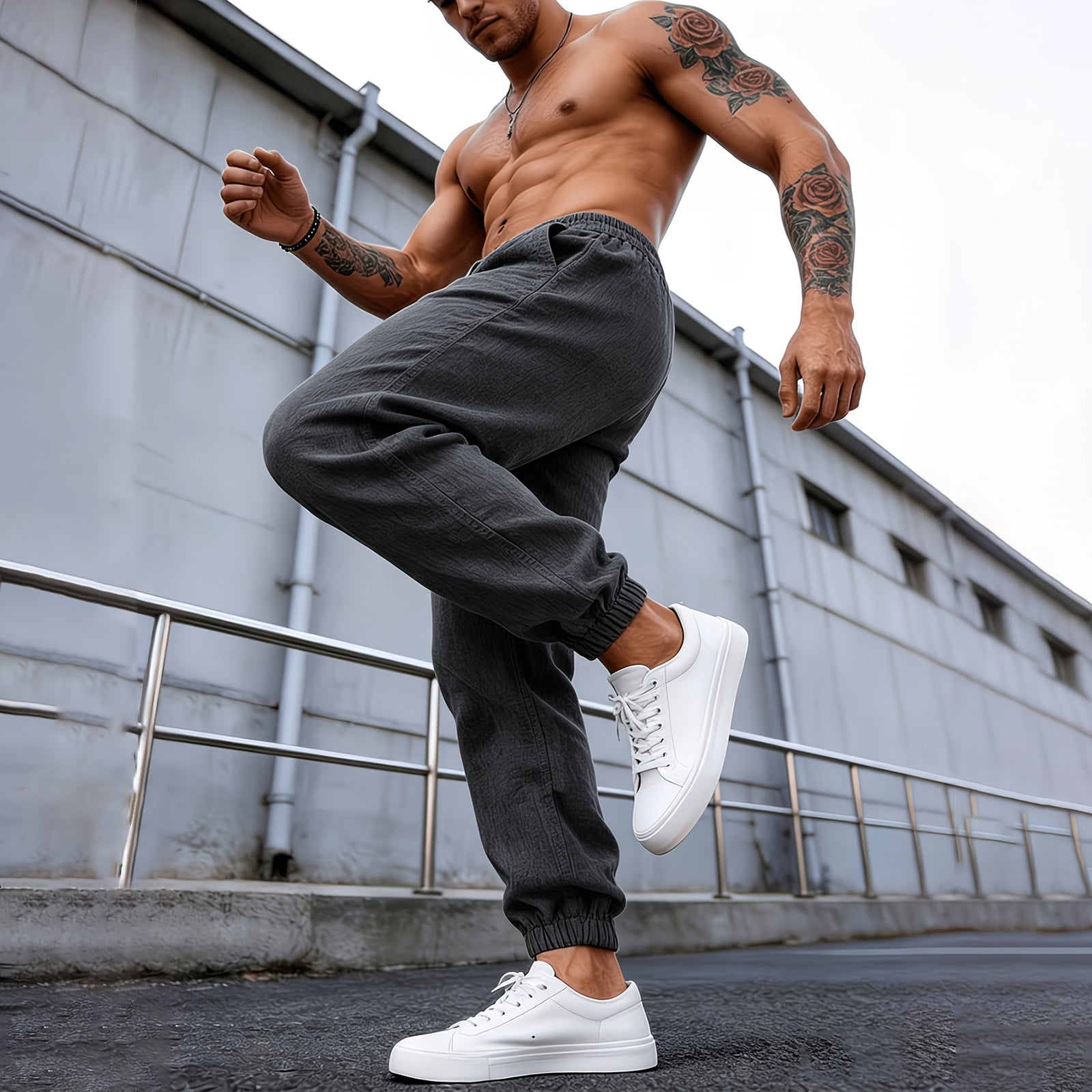 Cotton Linen Pants for Men Elastic Waist Ankle Drawstring Baggy ...