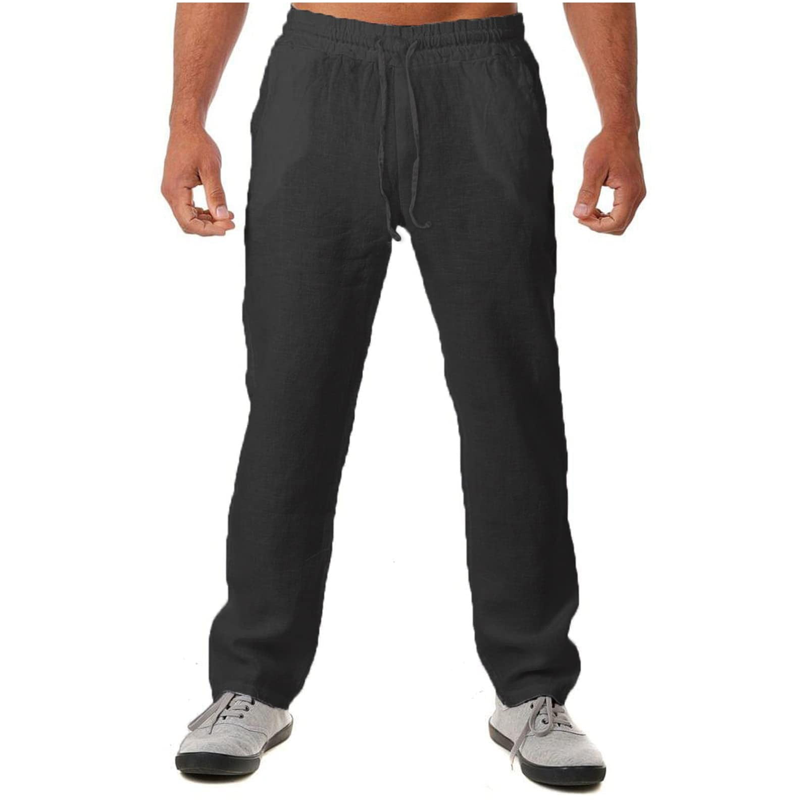 Besolor Cotton Linen Pants for Men, Elastic Waist, Drawstring, Straight ...