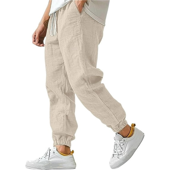 Cotton Linen Pants for Men Elastic Waist and Ankle Drawstring Baggy ...