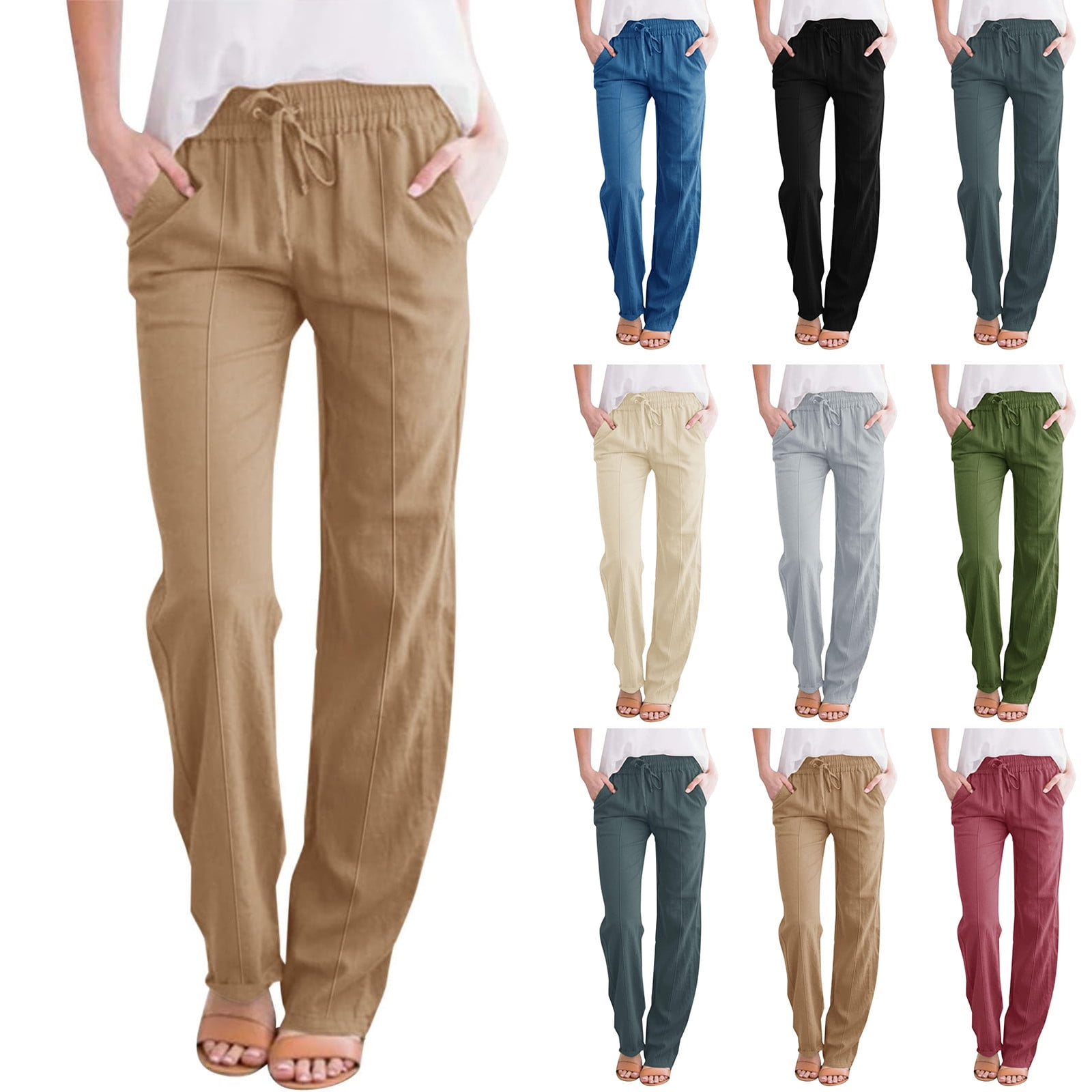 Cotton Linen Pants for Women Casual Drawstring Wide Leg Pants ...