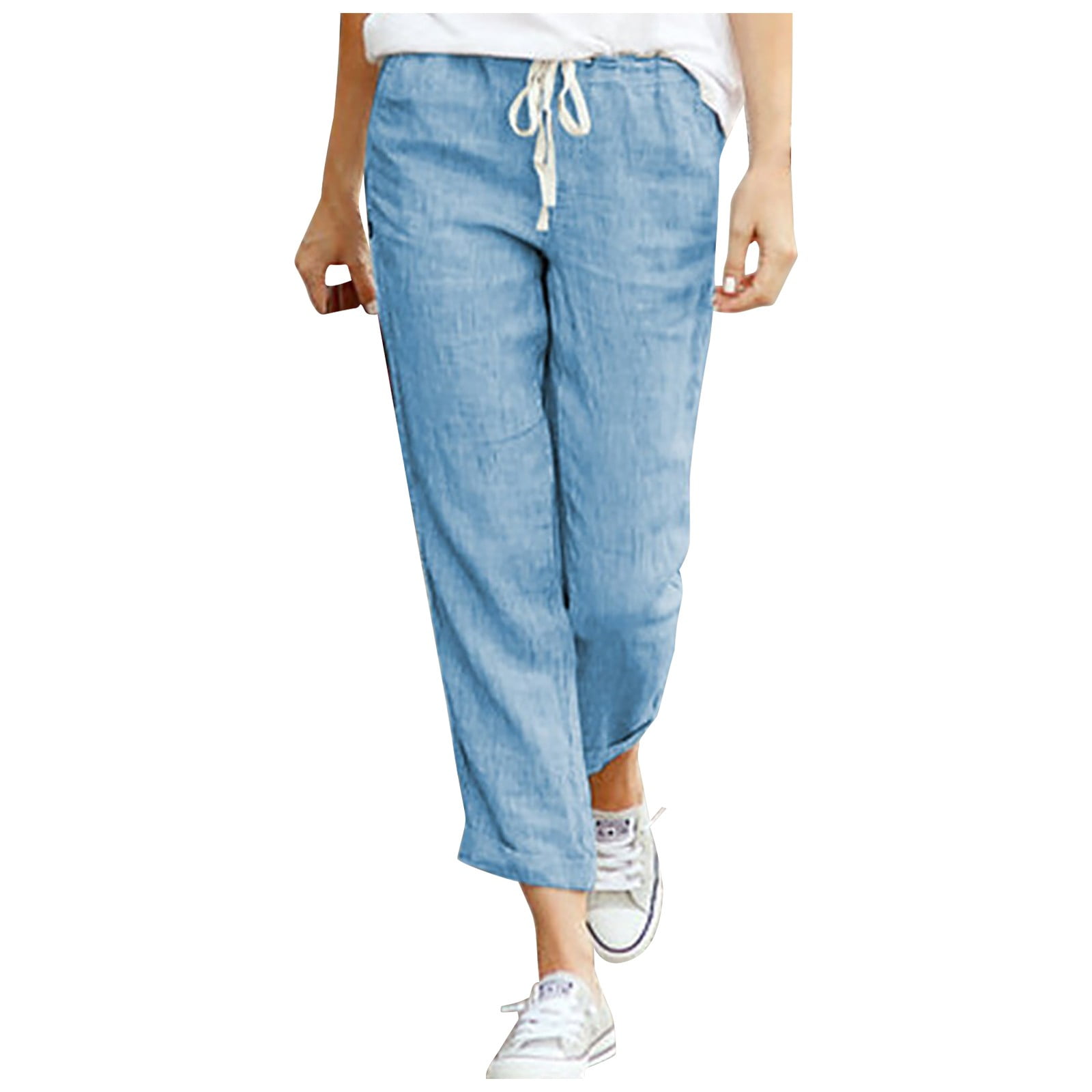 Blvb Womens Cotton Linen Pants High Waist Elastic Casual Summer