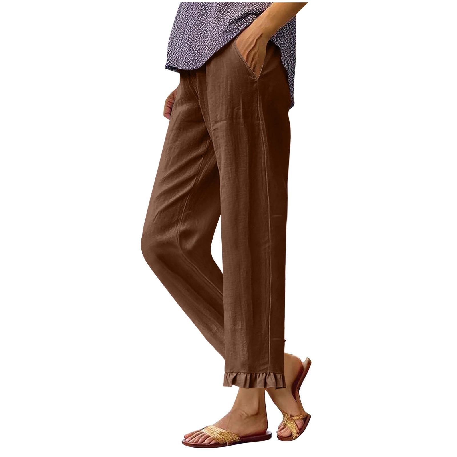 Cotton Linen Pants for Women, Summer Elastic Waist Straight Wide Leg ...