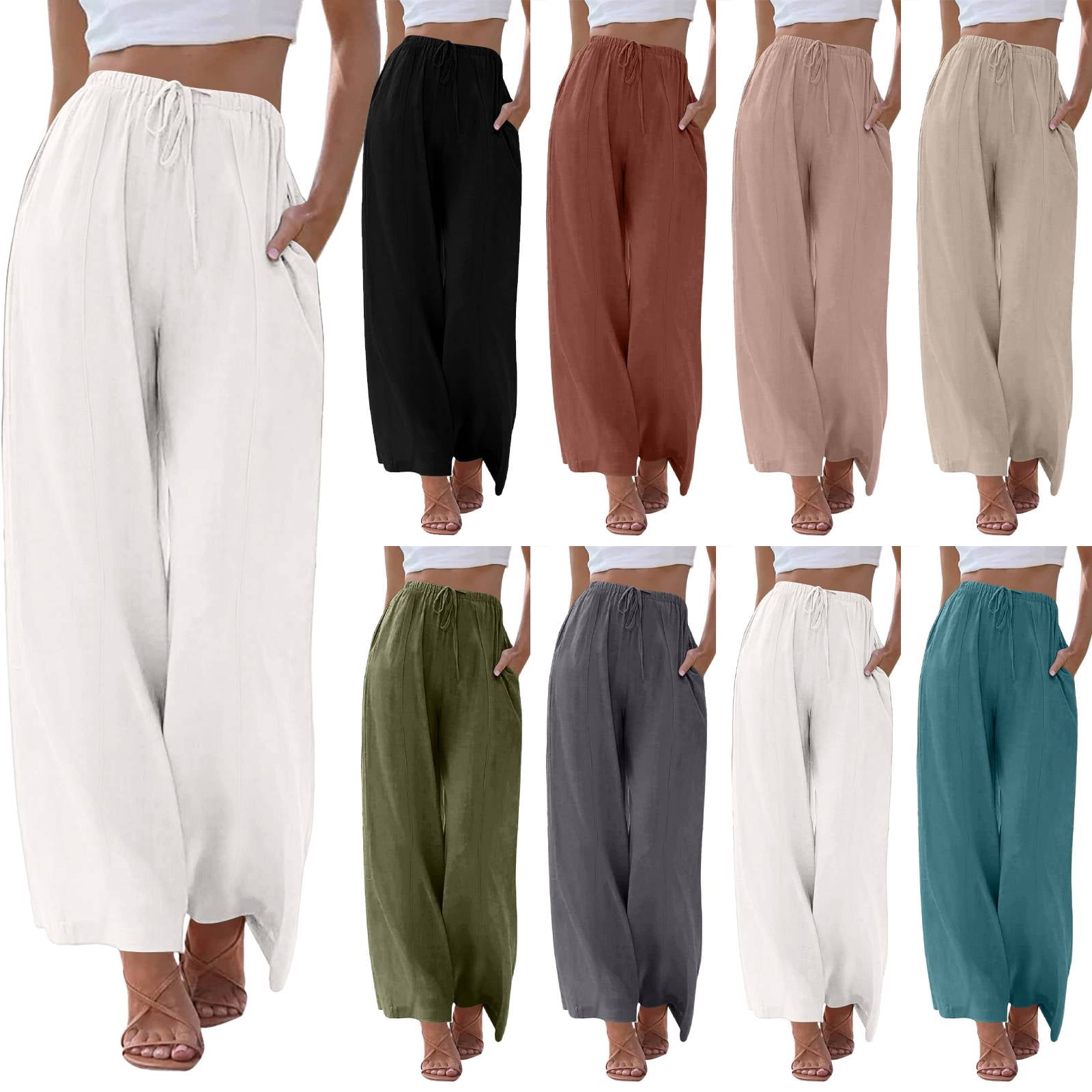 Cotton Linen Pants for Women Summer Palazzo Flowy Wide Leg Beach ...