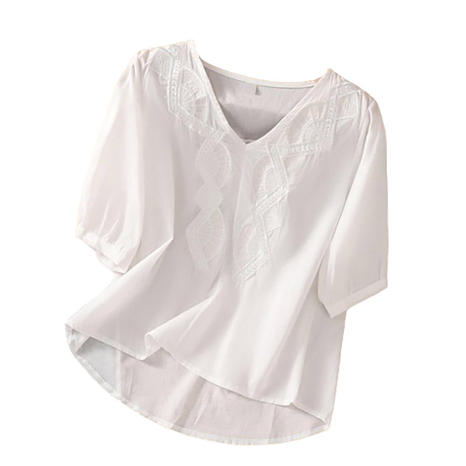 Cotton Linen Peasant Blouses for Women Summer V Neck Short Sleeve T ...